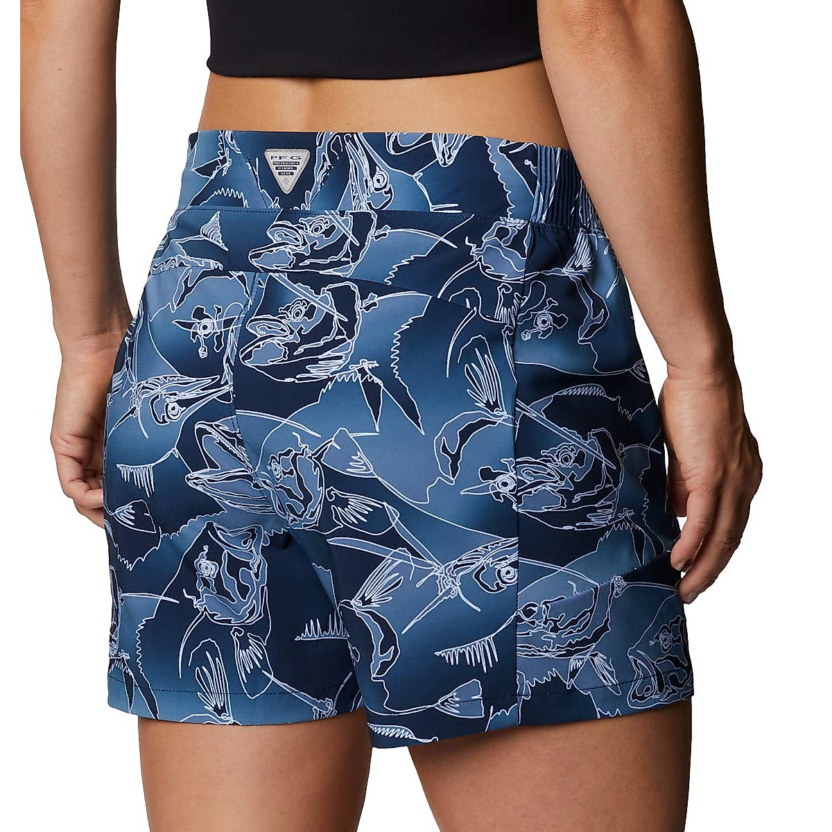 Columbia Women’s PFG Tidal II Shorts, Stain Resistant, Sun Protection, Collegiate Navy Fish Frenzy Print, X-Small