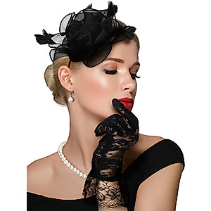 Bonuci 4 Pcs 50s Fascinator Hat for Women Black Funeral Veil Hat Tea Party Headpiece Lace Glove Pearl Necklace Earring(Elegant Style)