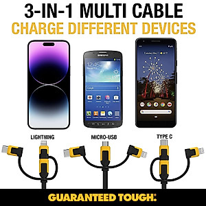 DEWALT 3 in 1 Retractable Multi Charging Cord, 3ft Fast Charger Cord, Multi Charger Adapter with Lightning/Type C/Micro USB Port for iPhones/Samsung Galaxy/PS/Tablets/More