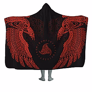 URGAID Norse Viking Odin's Raven Totem Hooded Blanket, Wearable Soft Cozy Flannel Cloak, Home Leisure Sofa Bedding Wrap Cape (Color : Red, Size : 150 x 200CM)