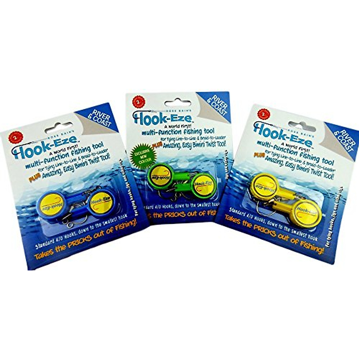 HOOK-EZE Quick Fishing Knot Tying Tool (Pack of 3), Standard Size - Easy Tying Fishing Hooks Cover - Line Cutter - Ideal for Saltwater & Freshwater Fishing - Blue, Green & Yellow