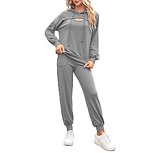 Pink Queen Women's Two Piece Lounge Set Sweatsuits Casual Fall Cutout Pullover Hoodies Tracksuit Ladies Running Active Drawstring Pants With Pockets Light Grey L