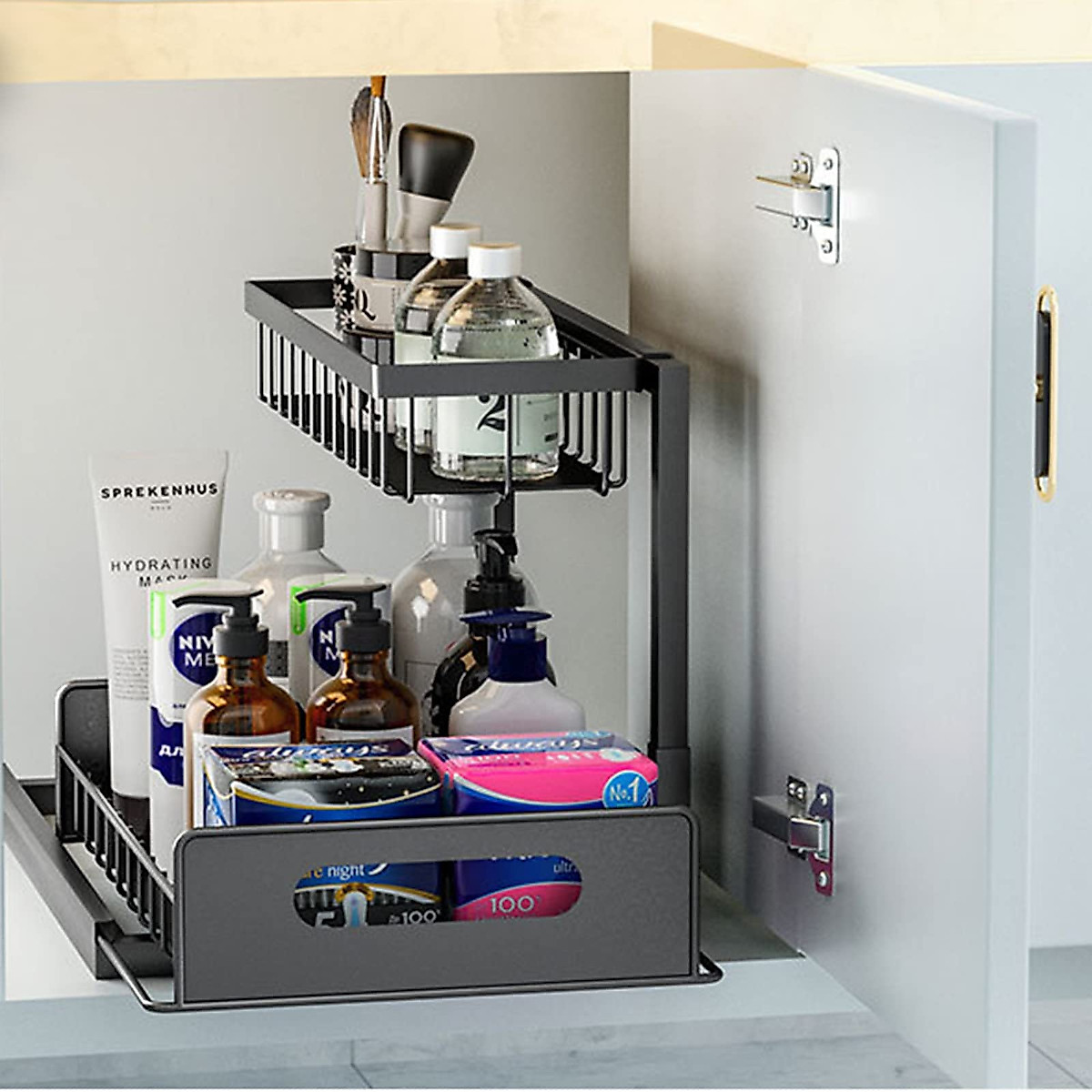 Under Sink Organizers and Storage - ZeJlo Metal 2 Tier Rustproof Under Cabinet Storage - Sliding Kitchen Sink Organizer for Kitchen Bathroom