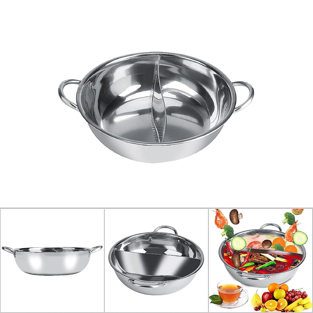 Stainless Steel Hot Pot with Divider, Thick Nonstick Hot Pot, Two Flavor Soup Pot with Hollown Handle, Induction Cooker, Gas Frunace and Log Fire Usable(29cm)