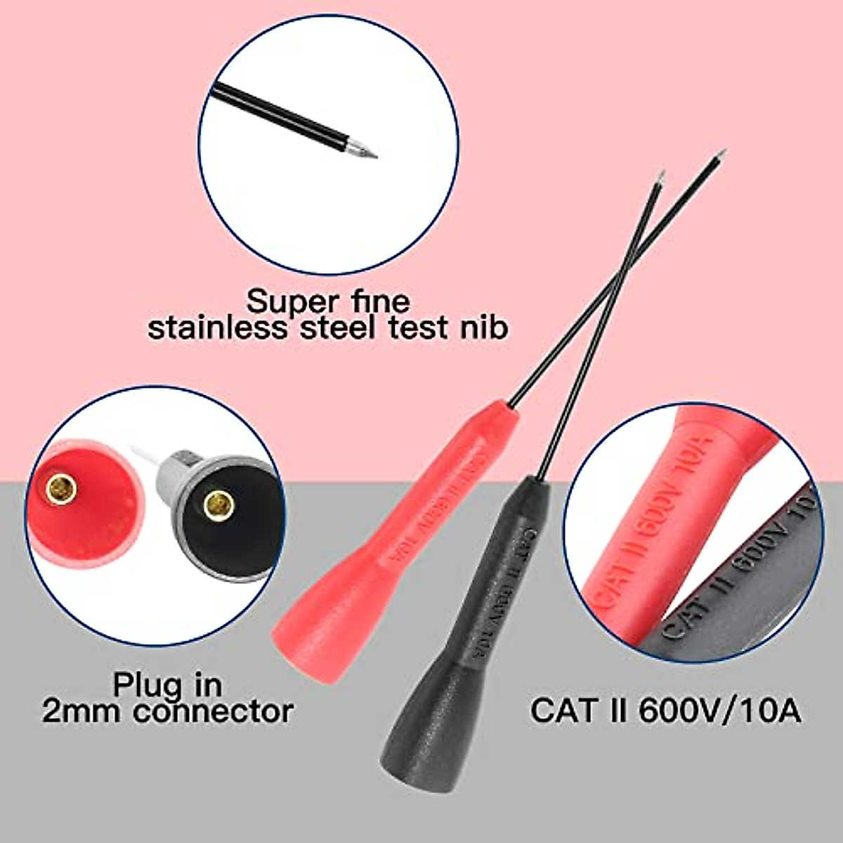 Zorveiio 2mm Needle Test Probes,2 Pack 600V/10A Non-Destructive Multimeter Test Leads Back Probe Pins for tl71 tl75 Fluke Leads