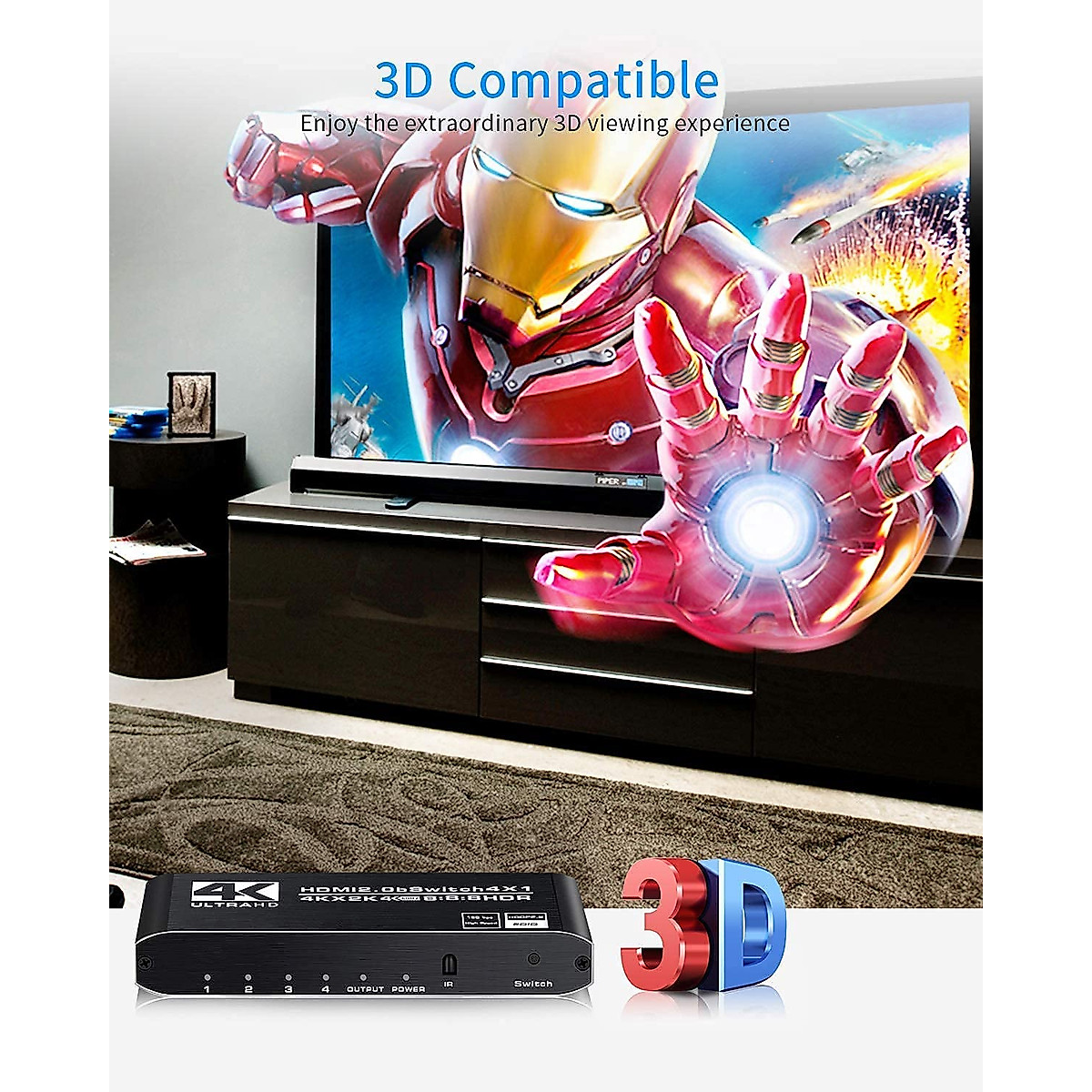 4k HDR HDMI Switch, Koopman 4 Ports HDMI 2.0 Switcher Selector with IR Remote Control, Supports HDCP 2.2 4K@60Hz UltraHD HDR10 3D HD1080P Dolby DST, HDMI Splitter for PS4 Xbox Apple TV Fire Stick