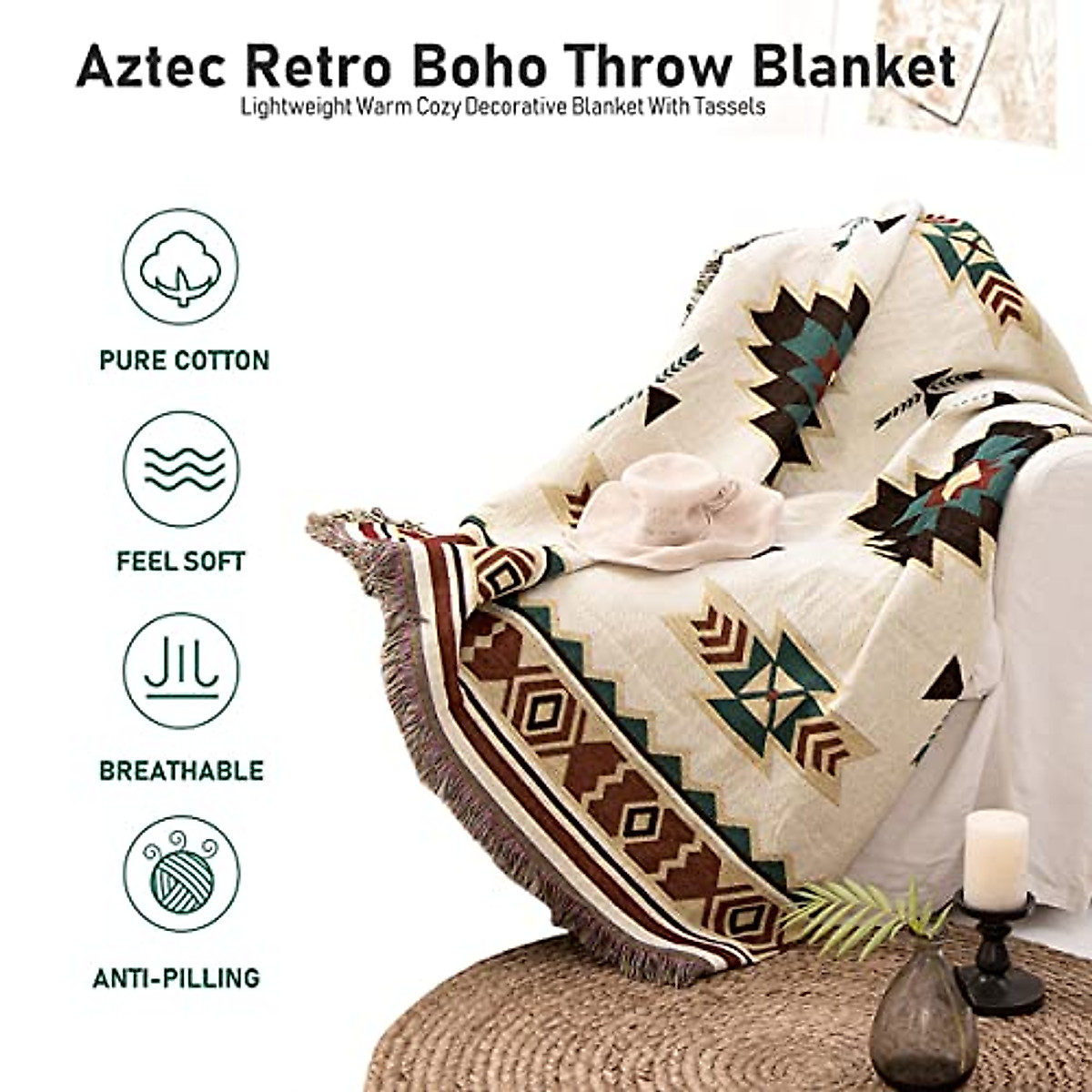 Hopstar Aztec Throw Blanket Navajo Indian Blankets and Throws Boho Western Decor Couch Cover Blanket for Bed Sofa Living Room Beach Travel 51"x63"
