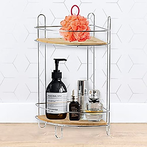EVIDECO Free Standing Corner Shower Caddy, 2 Shelves, 8 L x8 W x 14.8 H, Chrome/Bamboo