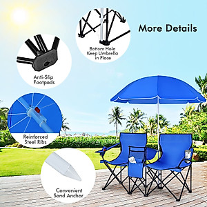 COSTWAY Double Portable Picnic Chairs, Folding Camping Chairs w/Detachable Umbrella, Cooler Bag, Cup Holders, Patio Beach Camping Chairs for Outdoors, Blue