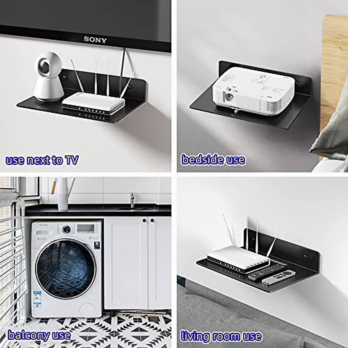 XZJMY Floating Shelves Black Set of 2,Metal Wall Shelf,8" Display Shelves for Wall Storage,Easily Expand Wall Space - Aluminum Floating Shelf for Security Cameras, Baby Monitors, Speakers (2, Black)