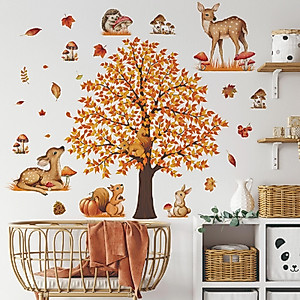 Mirabuy Large Autumn Fall Maple Tree Wall Decals Woodland Animals Creactures Mushroom Wall Stickers for Autumn Party Decorations Bedroom Living Room Wall Decor