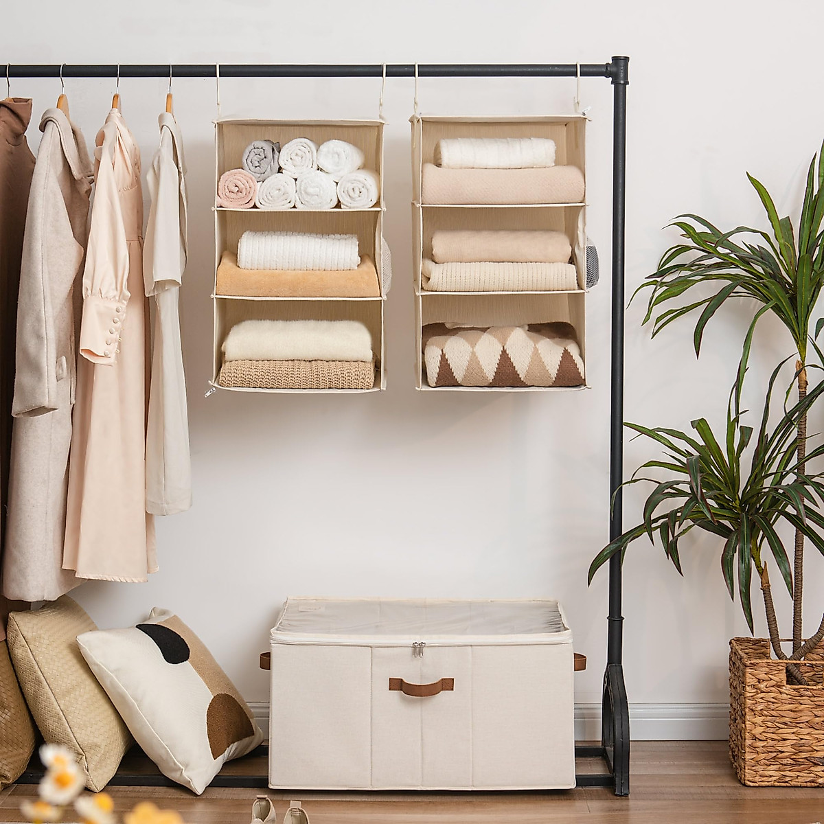 StorageWorks 6-Shelf Hanging Closet Organizers, Two 3-Shelf Separable Closet Hanging Shelves, 13" D x 15" W x 48 ¼"H, Mixing of Beige, White & Ivory