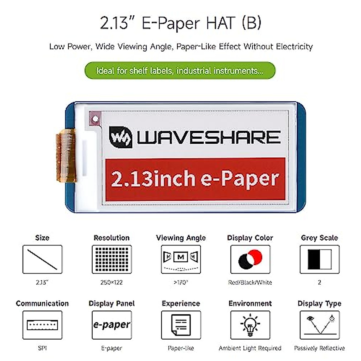waveshare 2.13inch E-Ink Display HAT Compatible with Compatible with Raspberry Pi 5/4B/3B/Zero/Zero W/Zero 2W/Pico/Pico W/Pico WH, 212x104 Resolution Three-Color SPI Interface