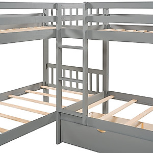 MERITLINE Quad Bunk Beds with Storage,4 Twin Bunk Bed for Kids, Solid Wood L Shaped Bunk Bed 4 Bed Bunk Beds for Kids,Teens, Adults,Grey