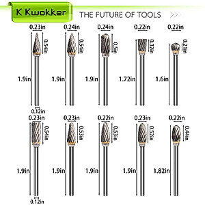 K Kwokker Tungsten Carbide Burr Set 1/8 Shank Diamond Files HRA85 Rotary Tool Accessory Kit, Drill Chucks Accessories for Dremel Rotary Drill Air Die Grinder for Metal Polishing, Wood Carving