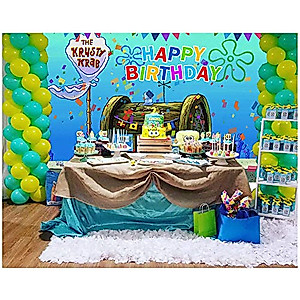 Cartoon Animation Spongebob Theme Photography Backdrop Children Happy 1st Birthday Party Decorations Banner The Krusty Krab Photo Background Vinyl 5x3ft Baby Shower Booth Studio Props
