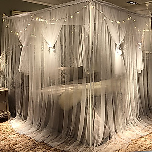 Joyreap 4 Corners Post Canopy Bed Curtain for Girls & Adults - Royal Luxurious Cozy Drapes - Cute Princess Bedroom Decoration Accessories (White, Full/Queen)