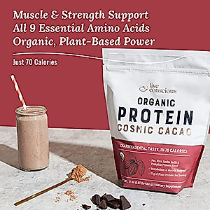 Live Conscious Organic Pea Protein Powder - Cosmic Cacao Chocolate Flavor | Low-carb Plant-Based Vegan Protein Blend - Pea, Brown Rice, Pumpkin, Sacha Inchi | 20 Servings, 17 oz