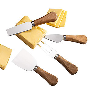 4 Piece Set Cheese Knife - Stainless Steel Cheese Cutter Board and Slicer, Fork Shaver and Spreader with Wood Handle, Sharp Butter Knife and Spatula for Cake Cutlery