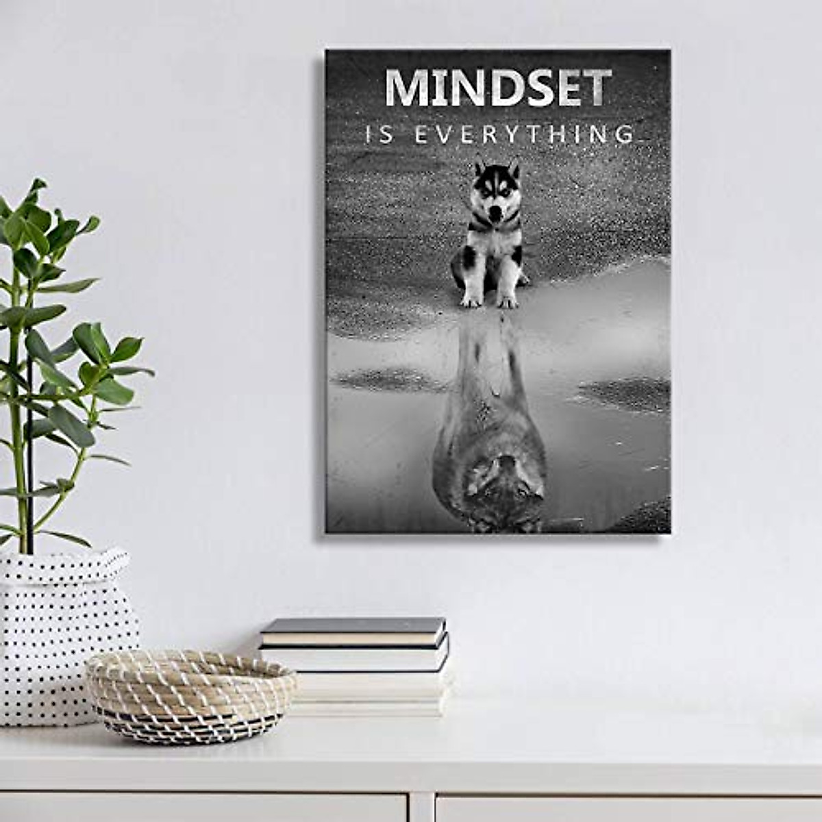 Modern Motivational Wall Art Decor for Bedroom Canvas Wall Art Mindset is Everything Inspirational Wall Art for Office Wolf Motto Artwork Wall Decor Black and White Wall Art Canvas Framed 12x16inch