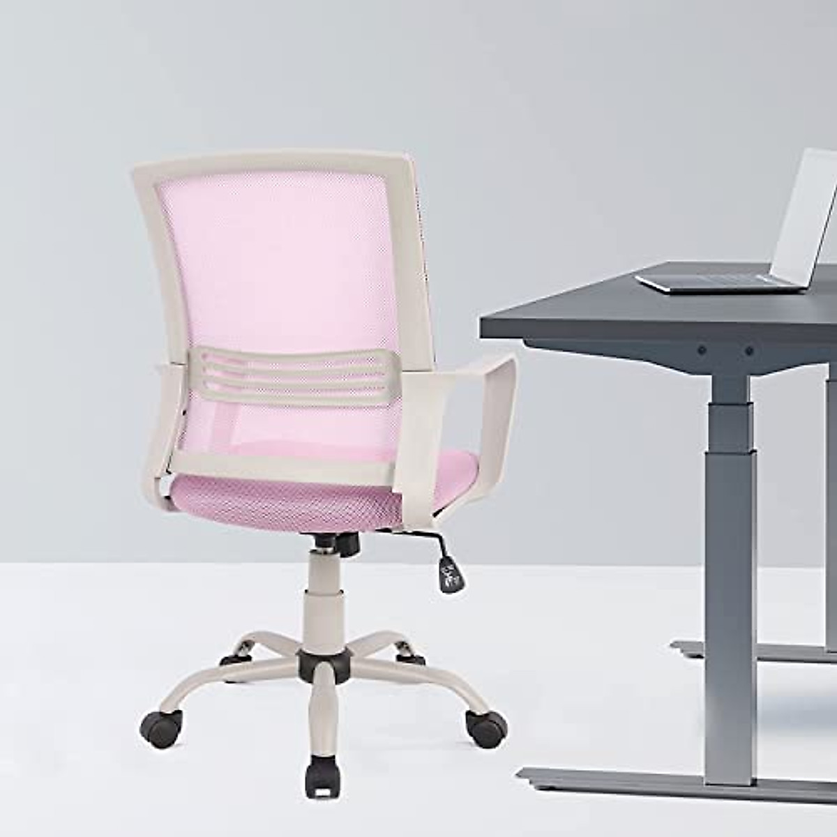 Small Office Chair Ergonomic Home Office Desk Chairs with Wheels Computer Desk Chair Mid Back Task Chair with Armrests Lumbar Support，Pink
