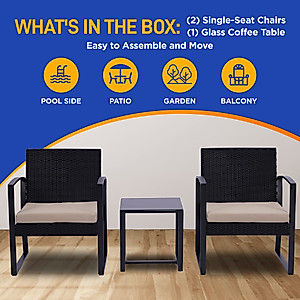 Patio Outdoor Rattan Furniture Set, 3 Pcs. Per Set - Includes 2 Single Chairs with Soft Cushion and 1 Glass-top Coffee Table, Black Weather-Resistant Resin Wicker Rattan