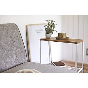 Yamazaki Home Narrow Living Room End Table - Slim Side Storage Shelf Stand Furniture Metal and Wood Modern Skinny Accent Table Steel + WoodWhite