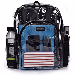 Masirs Heavy Duty Clear Backpack, Stadium Approved Transparent Design, Quick Access at Security Checkpoints, Adjustable Shoulder Straps, Dual Zippered Compartments & Mesh Side Pockets, (16"H x 11"W)