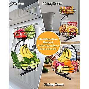 covsus 2 Tier Countertop Fruit Basket Bowl with Banana Hanger for Kitchen Counter, Wire Fruit Stand Holder for Fruits Vegetable Storage, Black