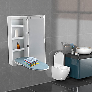 Wall Mount Ironing Board Cabinet, Built-in Swivel Ironing Board Foldable with Storage, Wall Hanging with Mirror, White
