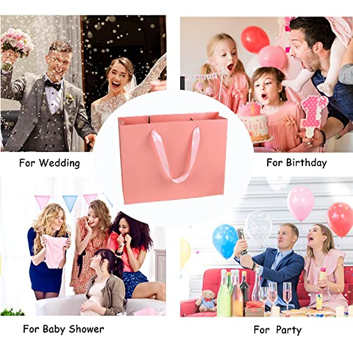 Dasofine Pink Gift Bags, 12pcs 10.86'' × 3.14'' × 8.5'' Small Paper Bags with Handle, Party Favor Gift Bags, Shopping Bags Bulk Crafts Retail Goodies Bags