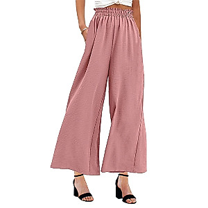 MAYFASEY Linen Pants for Women Wide Leg Casual Stretchy Palazzo Pants Office Capris Elastic Waist Loose Fitting Lounge Yoga Trousers with Pockets Pink L