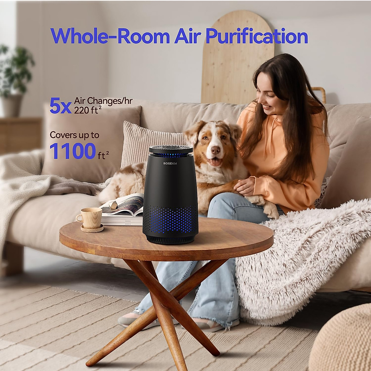 ROSEKM Air Purifiers for Home Bedroom, Air Cleaner with 3-In-1 HEPA Filter for Dust Smoke Pet Dander Odor with Sleep Mode, Aromatherapy, Timer, Portable (Black)