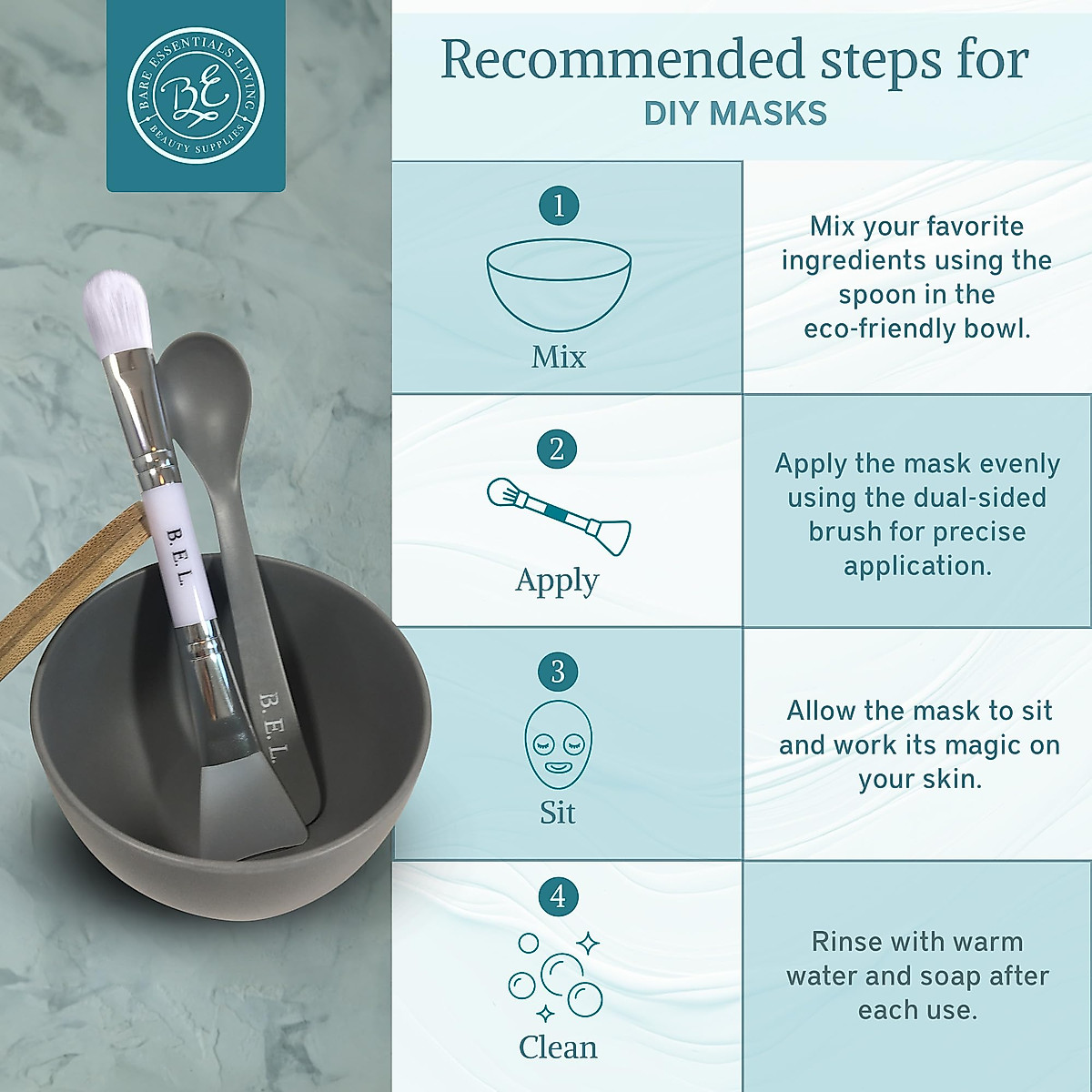 Bare Essentials Living - Clay Face Mask Mixing Bowl Set, Skin Care Kit Facial Bowls with Bamboo Lid, Face Mask Spoon, & Dual Sided Face Mask Brush Applicator for DIY Clay Mask, Facials & Hair (Grey)