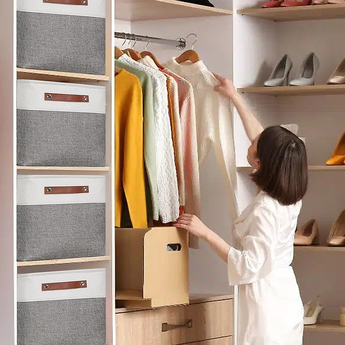 Baskets for Storage Organizing Shelves, Closet, Collapsible Storage Bins for Clothes, Home, Office, Nursery, Toys (Gray and White)