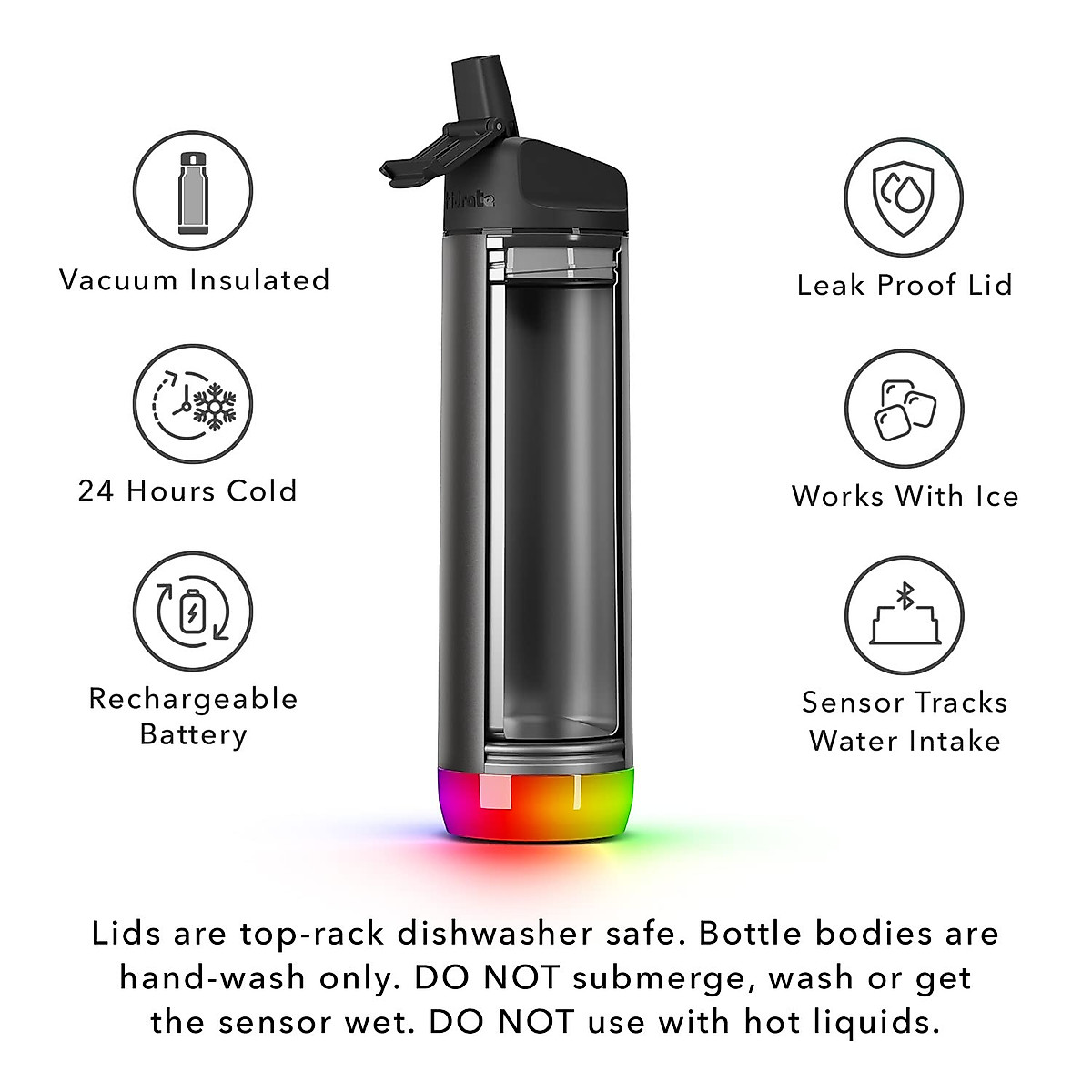 Hidrate Spark PRO Smart Water Bottle – Tracks Water Intake with Bluetooth, LED Glow Reminder When You Need to Drink – Straw Lid, 21oz, Black