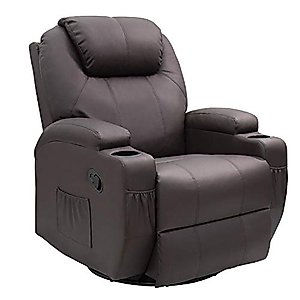 JUMMICO Recliner Chair Massage and Heating Living Room Chair, Rocking and 360° Swivel Home Leather Sofa with 2 Cup Holders and Side Pockets (Brown)