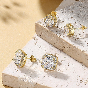 Hayoso 18K Gold Plated Halo Stud Earrings 925 Sterling Silver Cubic Zirconia, Round Square Diamonique Stud Earrings Set for Women Men - Gold