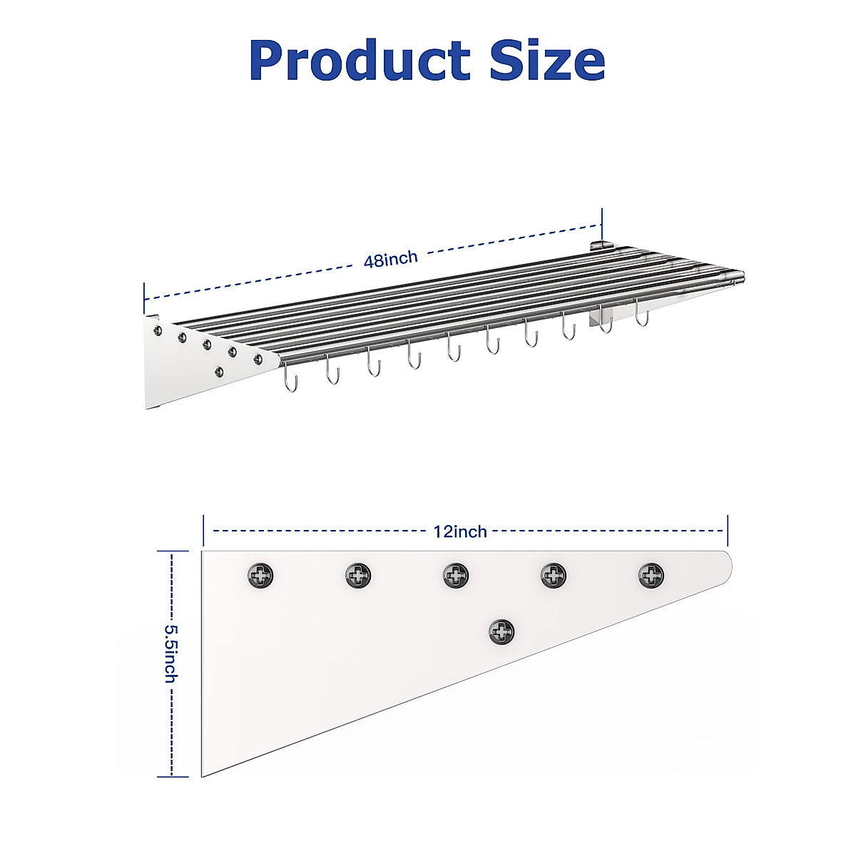 Stainless Steel Wall Mount Shelf 12 x 48 Inch, NSF Certified Shelf with Hooks, 185 lb Load Capacity Commercial Kitchen Rack Storage Shelves for Restaurant, Kitchen, Home & Hotel