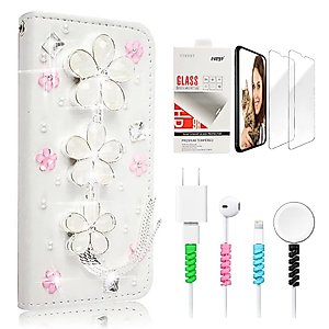 STENES Bling Wallet Phone Case Compatible with Samsung Galaxy S23 - Stylish - 3D Handmade Floral Tassel Pendant Design Leather Cover with Screen Protector & Cable Protector - White