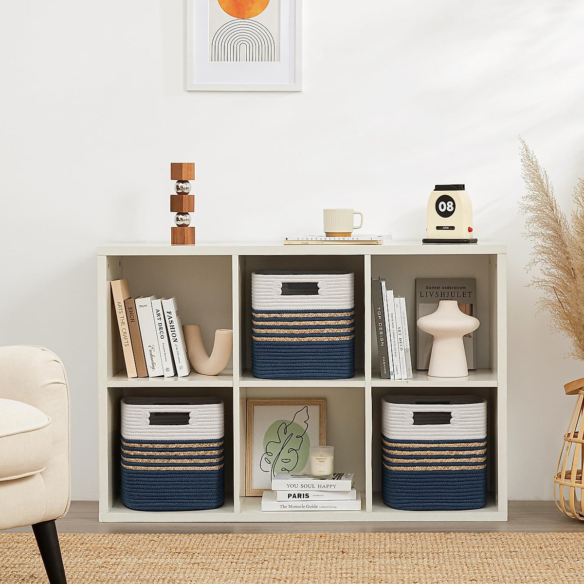 UBBCARE Set of 4 Storage Cubes 11 X 10.5 X 10.5 in, Water Hyacinth Storage Bins for Shelves, Toys, Book, Storage Baskets with Handles, Cotton Rope Woven Baskets for Organizing, Blue