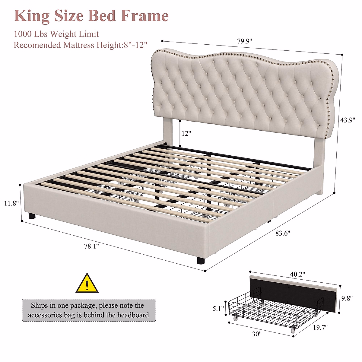 HOSTACK King Bed Frame with 4 Storage Drawers, Upholstered Platform Bed Frame with Button Tufted Headboard, Heavy Duty Mattress Foundation with Wooden Slats, No Box Spring Needed (Beige, King)