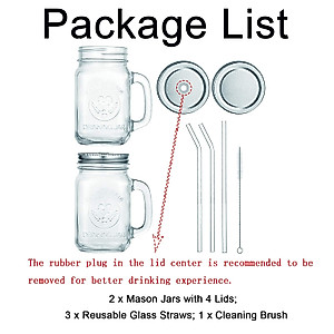 2PCS Mason Jar Lids 17OZ Straw Hole with 3 Reusable Glass Straw, 1 Cleaning Brush Mason Jar Drinking Lids and Straw Boba Cups Coffee Mug Wide Mouth Mason Jars