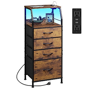 WLIVE 4 Drawer Dresser for Bedroom, Nightstand with Charging Station and Led Light, Tall Night Stand Bed Side Table, End Table with USB Ports and Outlets, Fabric Bins, Wood Shelf, Rustic Brown