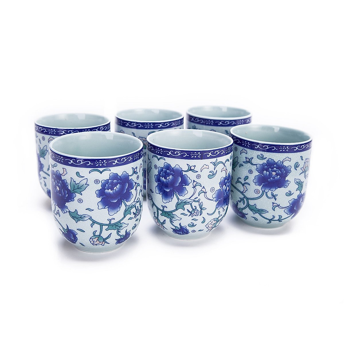 THY COLLECTIBLES Set Of 6 Eastern Asian Design Ceramic Tea Cups In Blue-And-White Peony - 8 OZ Capacity Each