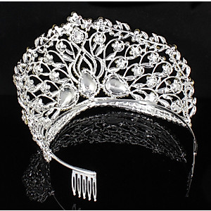 Janefashions Large Floral Clear White Austrian Rhinestone Crystal Tiara Crown With Hair Comb Headband Veil Headpiece Beauty Queen Princess Pageant Theater Show Bridal Gold Silver T901 (Silver)