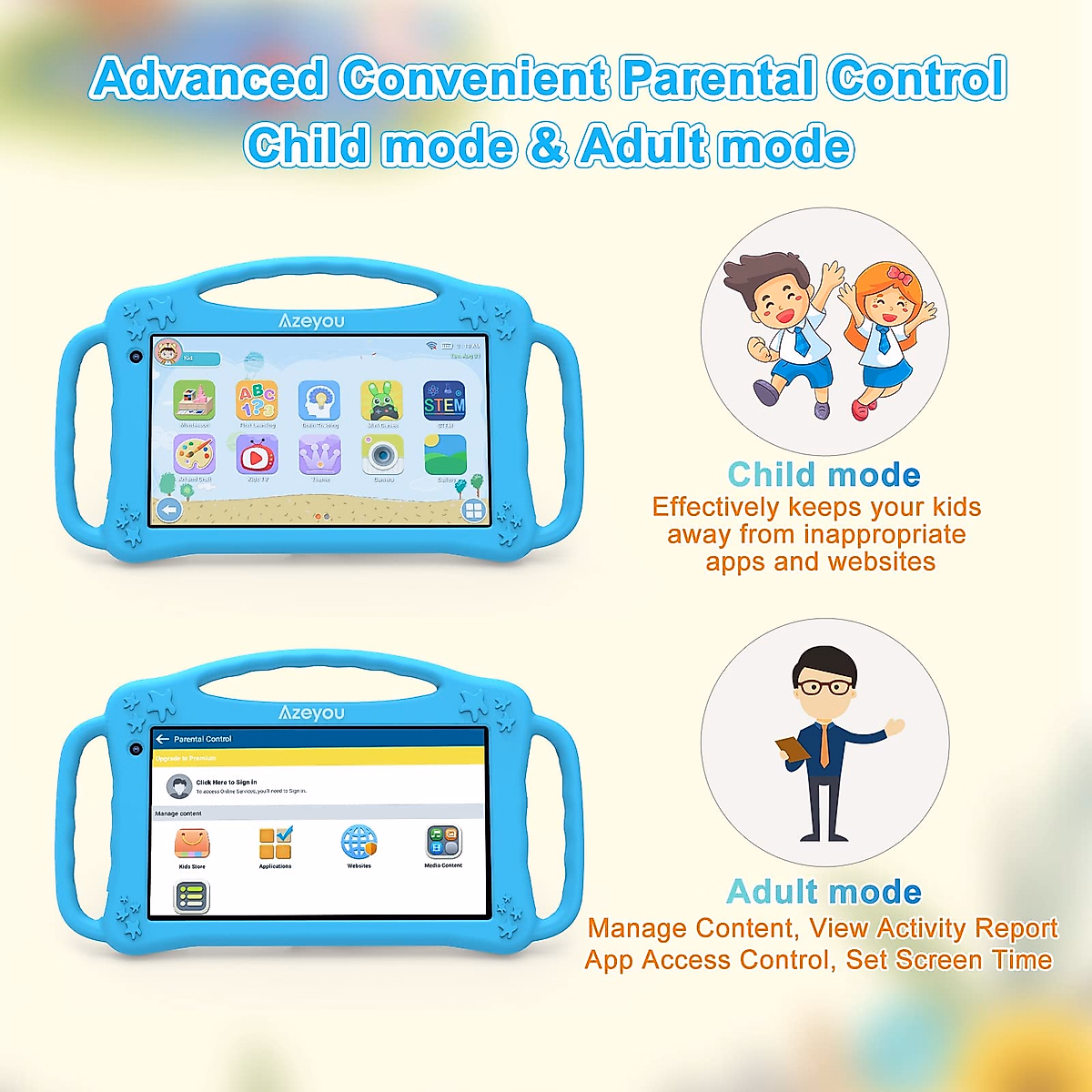 Azeyou Tablet 7 inch Android 11 Tablet for 2GB RAM & 32GB, Toddler Educational APPs & Games, Parental Control, K10 Tablet Blue