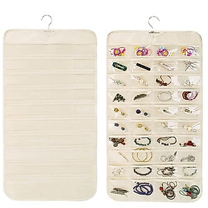 BINO Double Sided Hanging Jewelry Organizer - Beige | Necklace Bracelets & Earrings Storage | Portable Closet Organizer | Over-Door Accessories Holder with Pockets | Wardrobe Cabinet Jewelry Hanger