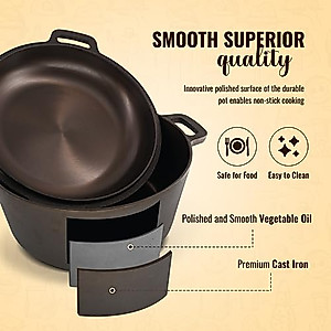 Smooth and Polished Cast Iron Dutch Oven by StarBlue – 5 qt Cast Iron with 10 Inches Diameter, 2 in 1 Multipurpose Skillet and Pot for Non-Stick Cooking