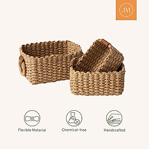 La Jolie Maison Small Sand Wicker Baskets Set of 3, Paper Rope Storage Baskets with Handle, Small Woven Baskets for Organizing, Decorative Cute Baskets for Gifts